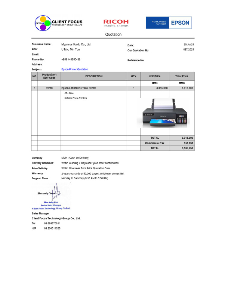 Epson L18050 Printer Quotation Myanmar | PDF