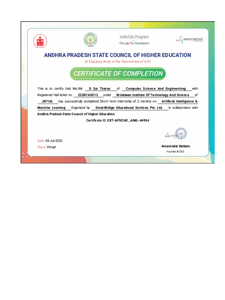 Sai Tharun Certificate - SmartInternz | PDF