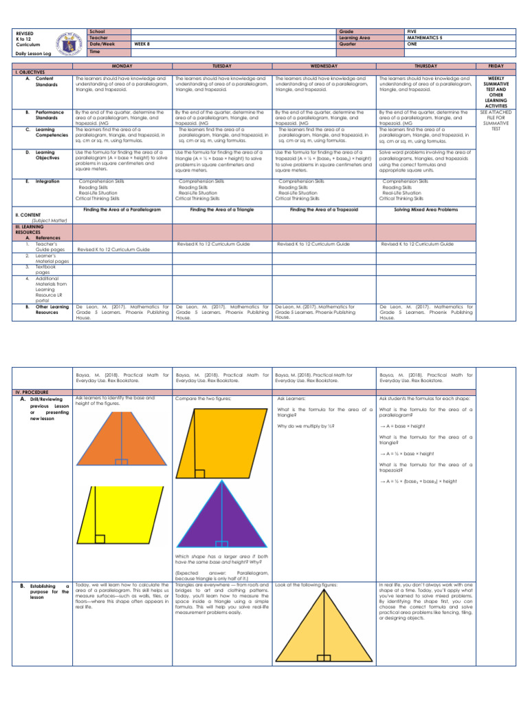 Grade 5 Math: Area Formulas Lesson | PDF | Area | Elementary Geometry