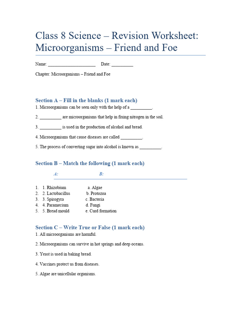 Class 8 Science: Microorganisms Worksheet | PDF