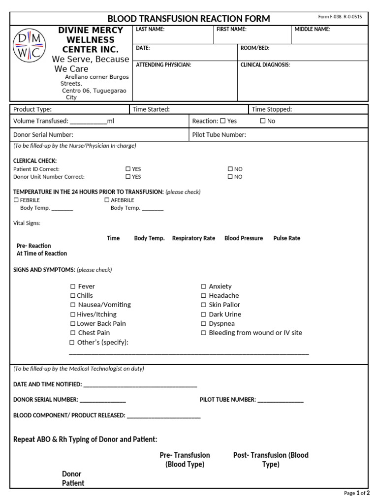 Blood Transfusion Reaction Form | PDF | Blood Transfusion | Blood Donation