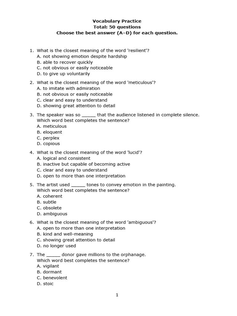Vocabulary Practice Quiz | PDF