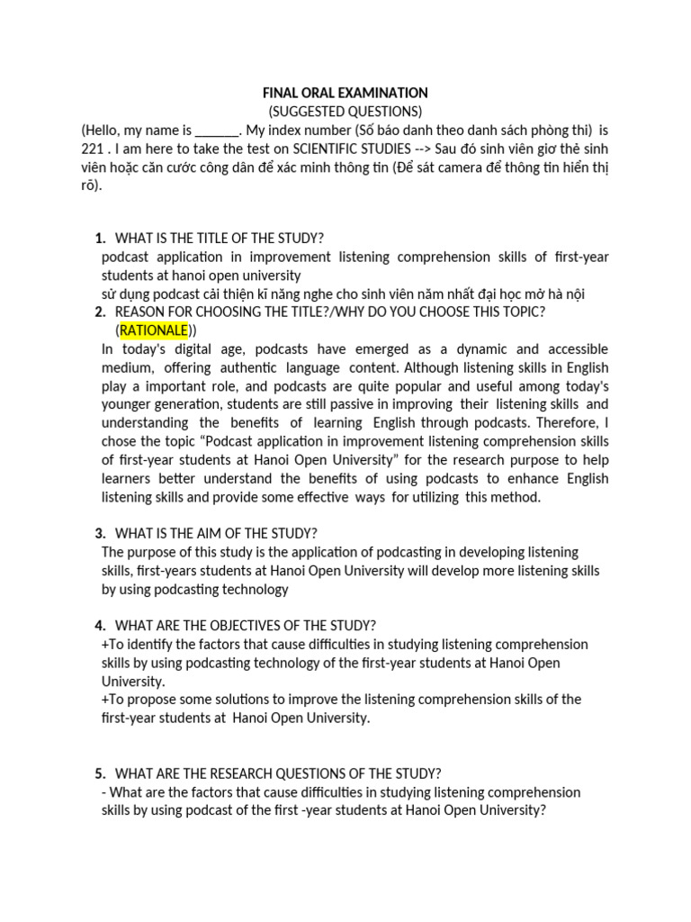 Final Oral Examination (Suggested Questions For Final Oral Examination | PDF | Reading ...