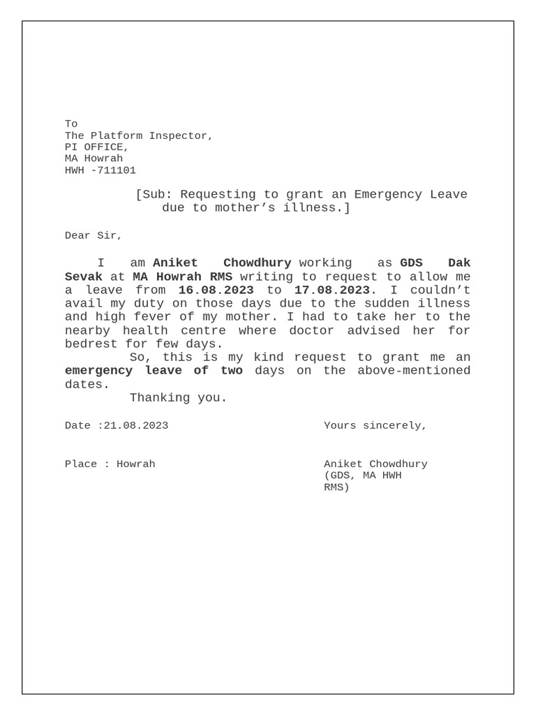 Emergency Leave Request for Ill Mother | PDF