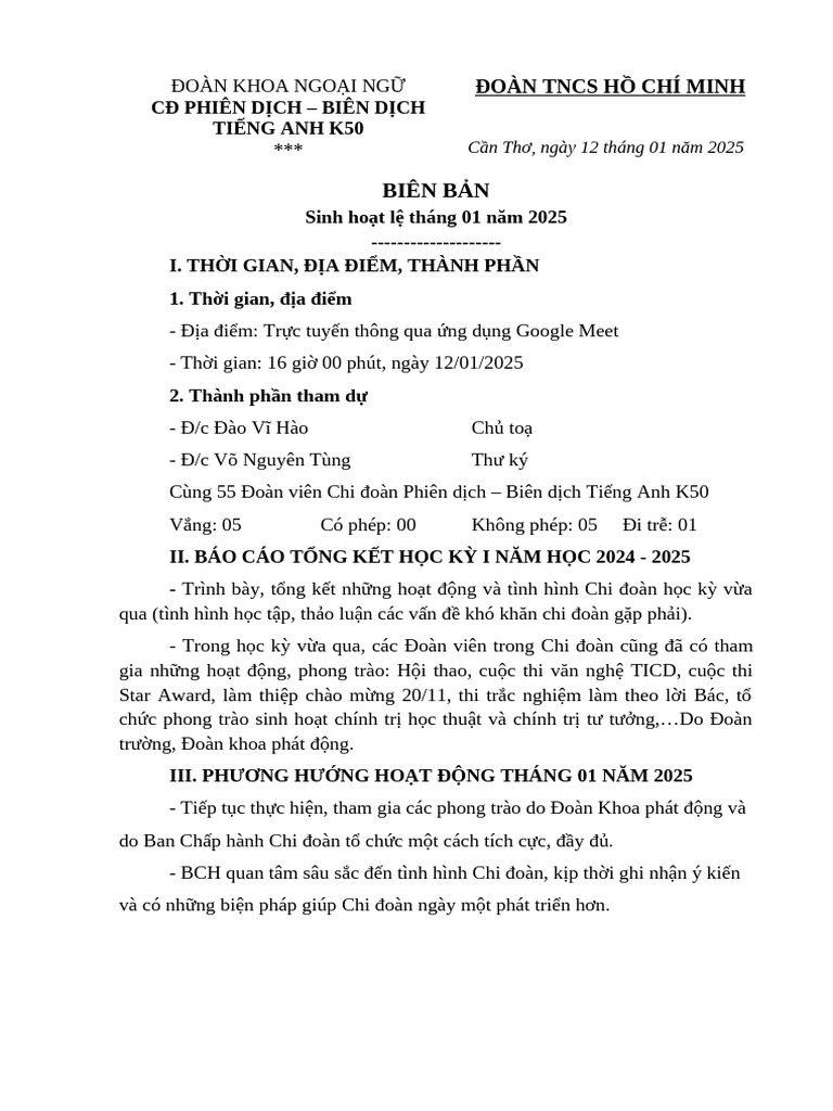 Đã Chỉnh Biên Bản Mẫu Shl Tháng 01 | PDF