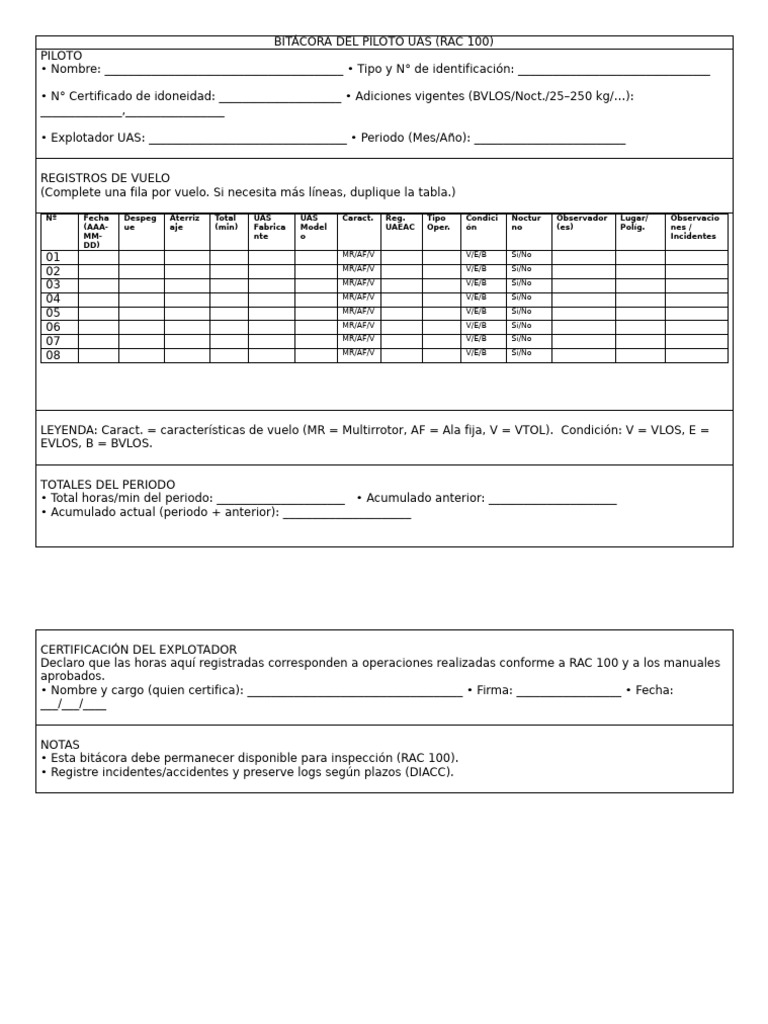 Bitácora Del Piloto Uas | PDF | Aviación | Aeronave