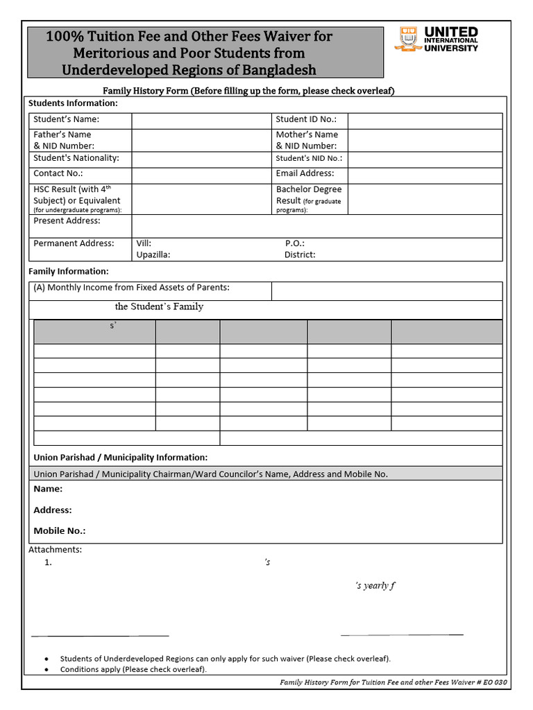 EO 030 Family History Form For Tuition Fee Waiver | PDF | Educational ...