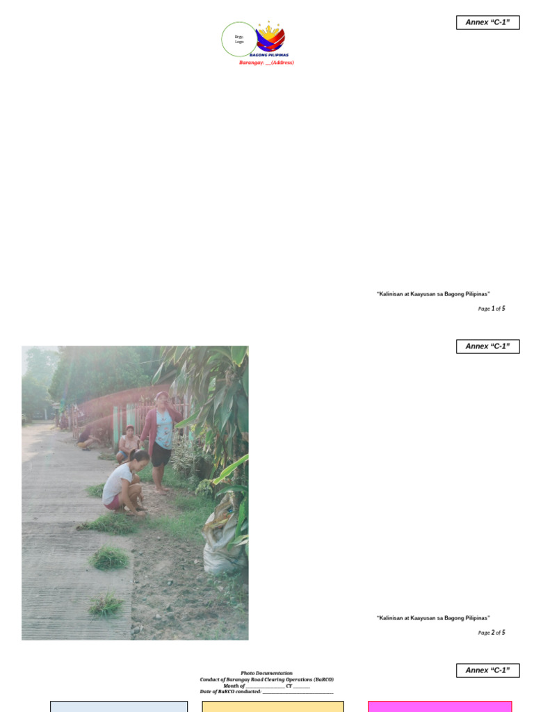 Annex C 1 Photo Documentation Barangay BaRCO Monthly Monitoring Report Template With BSKO ...