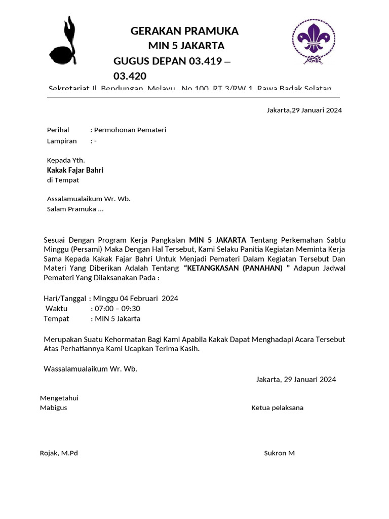 SURAT PERMOHONAN MATERI ,surat pemberitahuan ranting | PDF