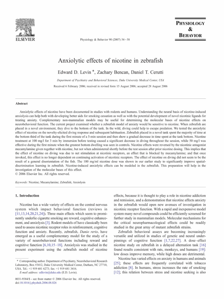 Anxiolytic Effects of Nicotine in Zebrafish | PDF