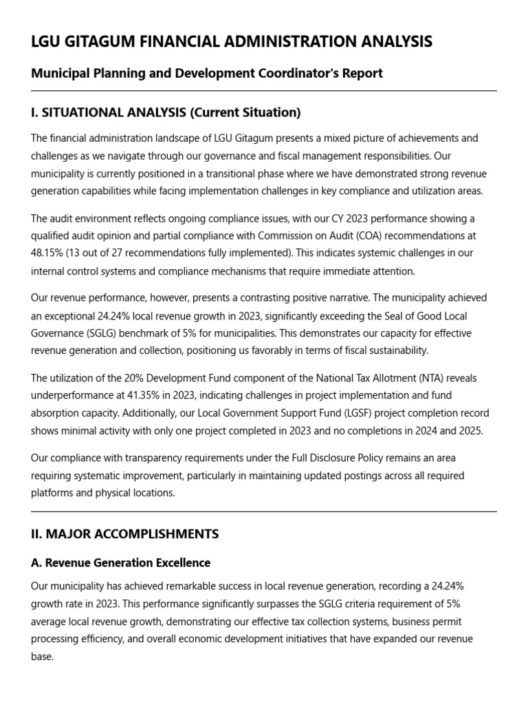 LGU Gitagum Financial Administration Analysis - MPDC Report | PDF | Regulatory Compliance ...