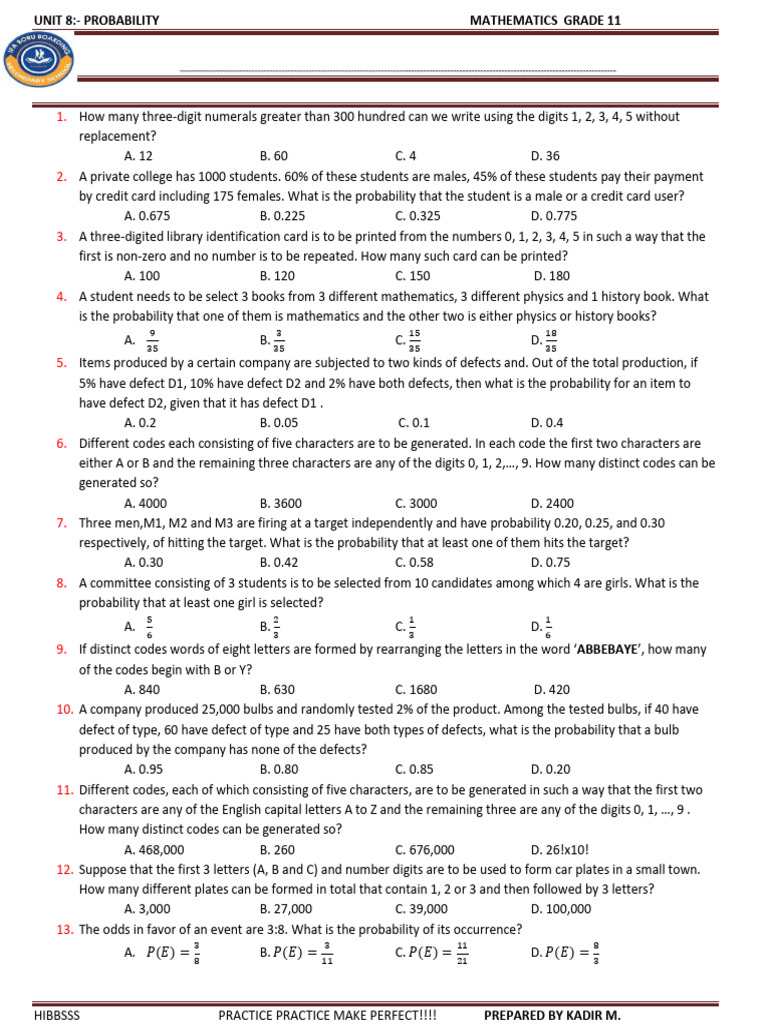 Grade 11 Probability Practice Worksheet | PDF | Probability | Mathematics