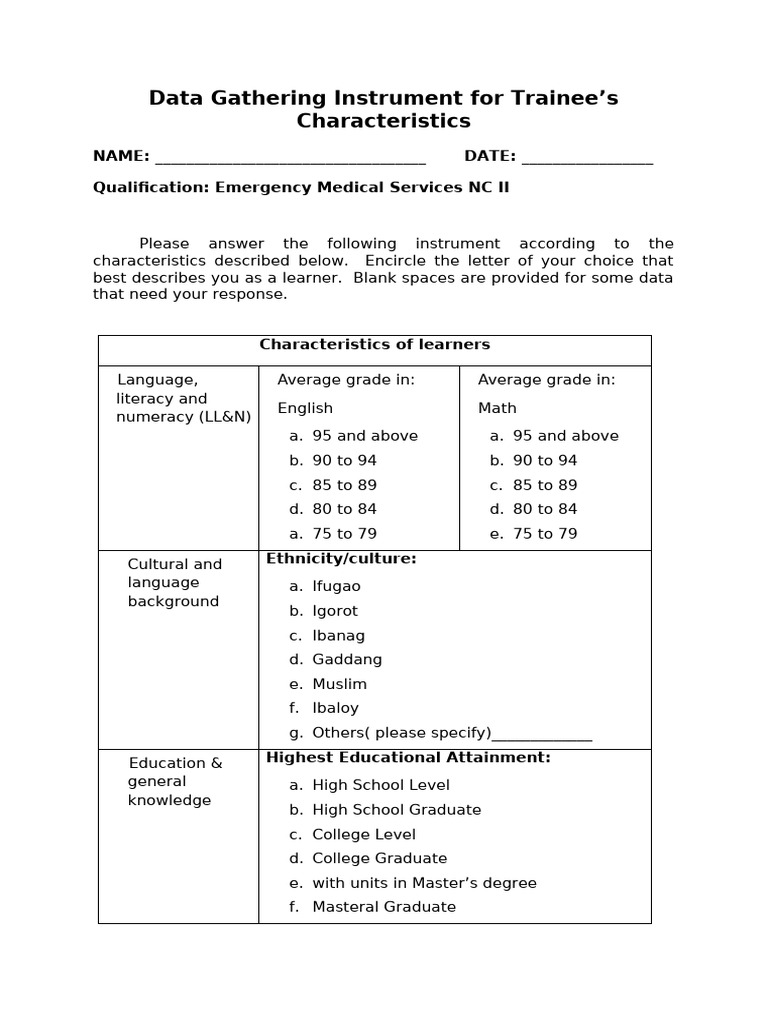 Data Gathering Instrument | PDF | Learning | Learning Styles