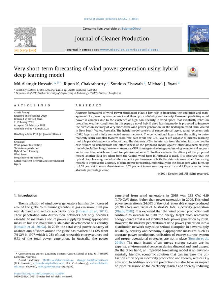 Very Short-Term Forecasting of Wind Power Generation Using Hybrid Deep Learning Model | PDF ...