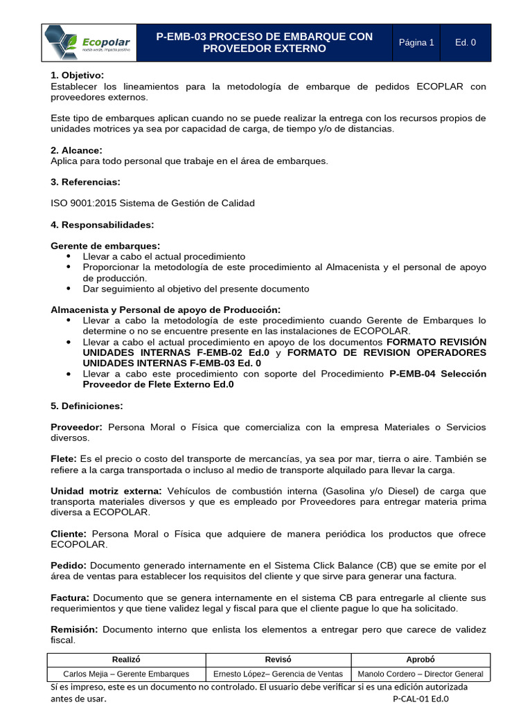 P-EMB-03 Proceso de Embarque Con Proveedor Externo Ed.0 | PDF | Sistema ...