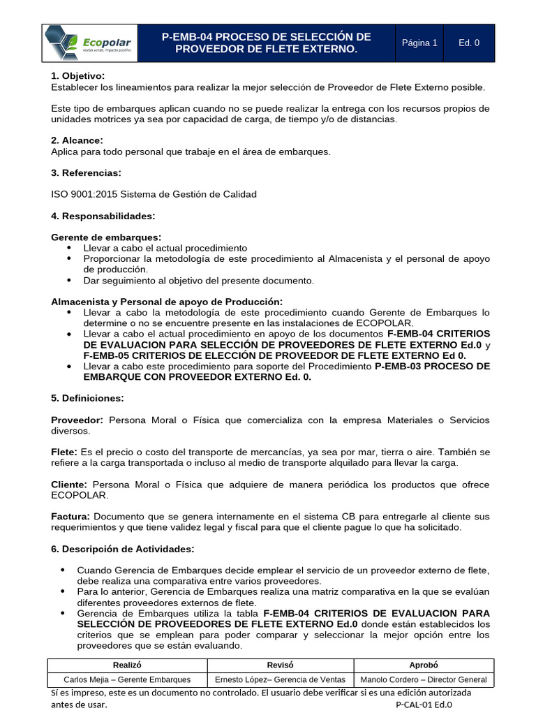 P-EMB-04 Proceso de Selección de Proveedor de Flete Externo Ed.0 | PDF ...