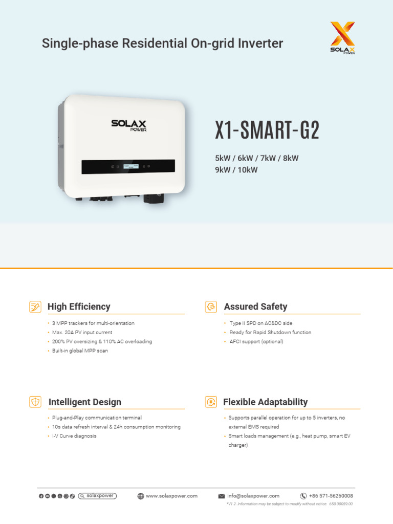 Solax x1 Smart g2 Datasheet en | PDF | Electromagnetism | Power (Physics)
