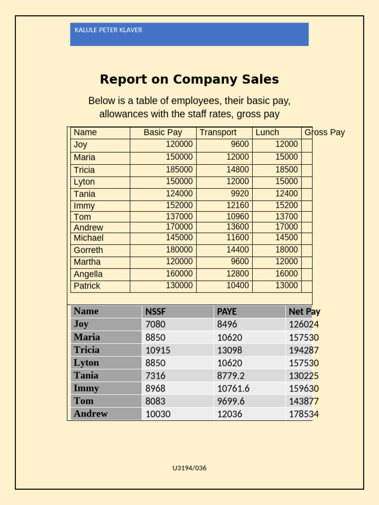 Report On Company Sales: Below Is A Table of Employees, Their Basic Pay ...