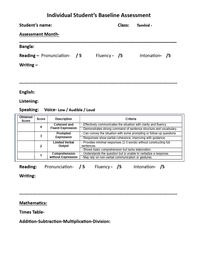 Individual Students Baseline Assessment | PDF | Reading Comprehension ...