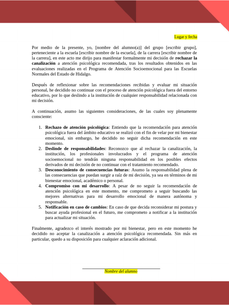 Formato Carta Rechazo de Atención - Programa de Atención Socioemocional ...