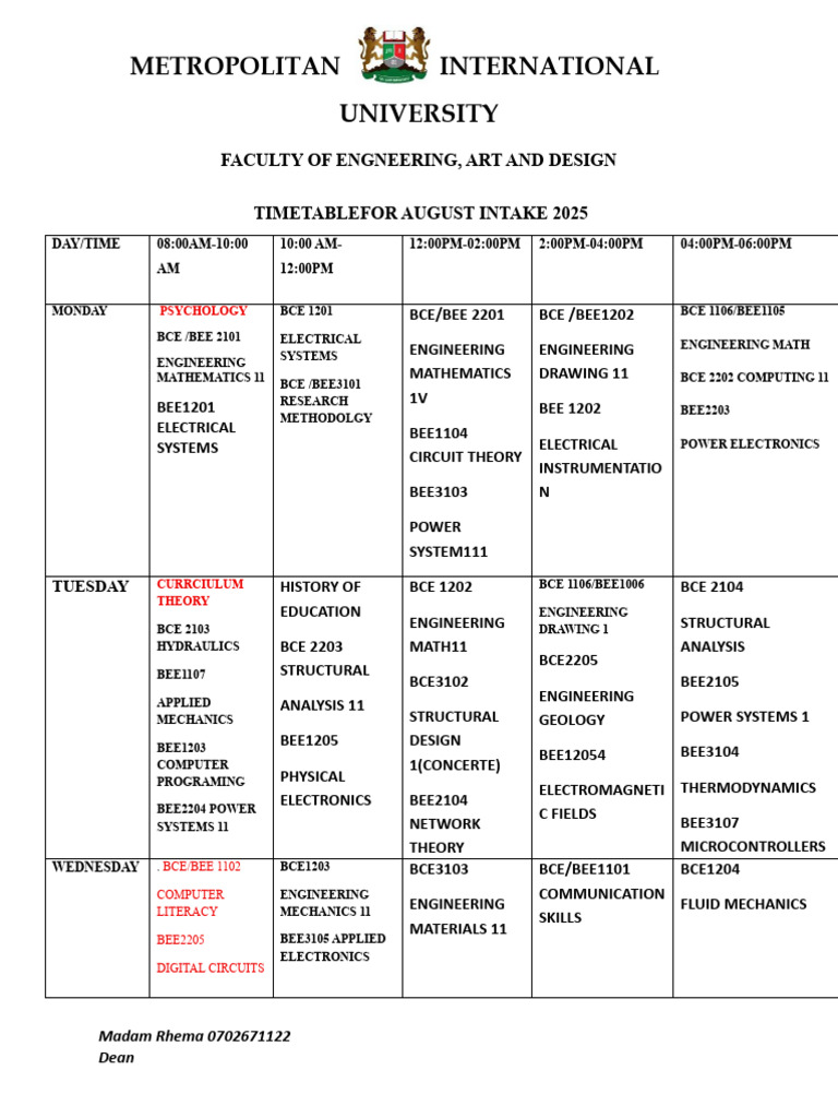 New New Edited Copy Sead Timetable | PDF | Engineering | Geotechnical Engineering