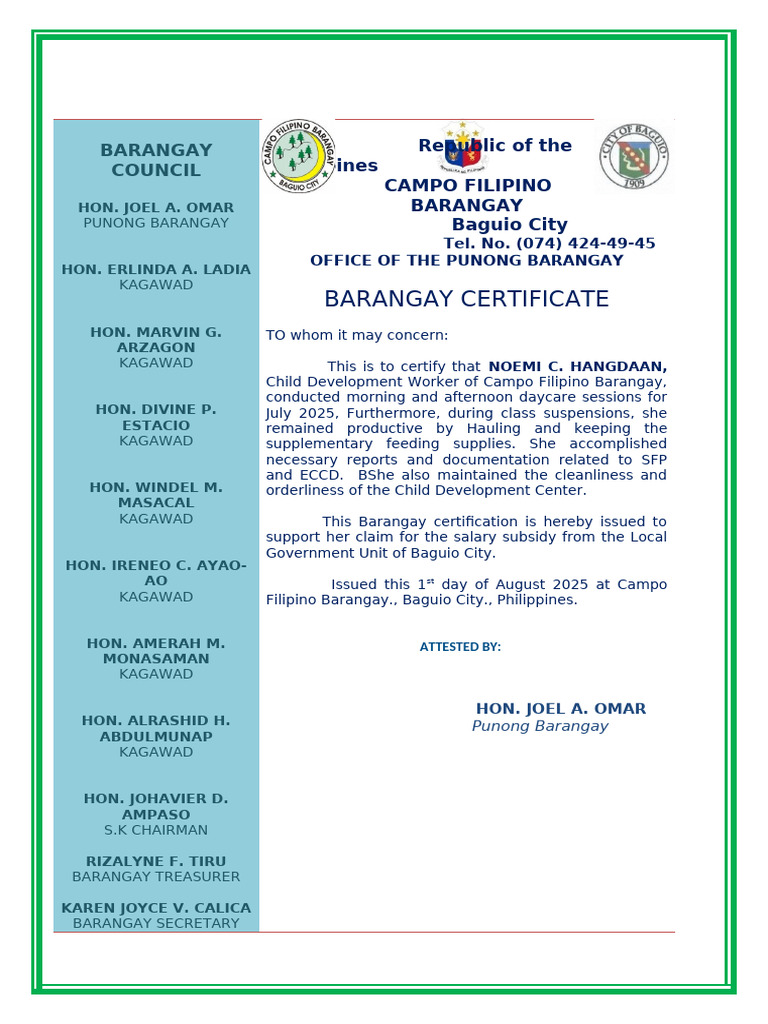 Barangay Certificate for Noemi C. Hangdaan | PDF