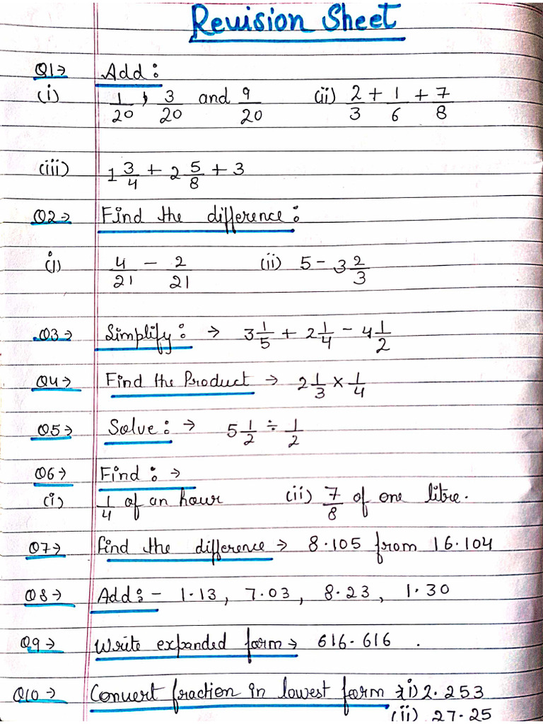 Revision Worksheet Class5 | PDF