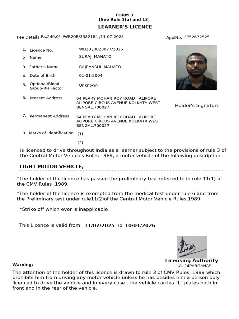 Learner's Licence Form 3 Details | PDF