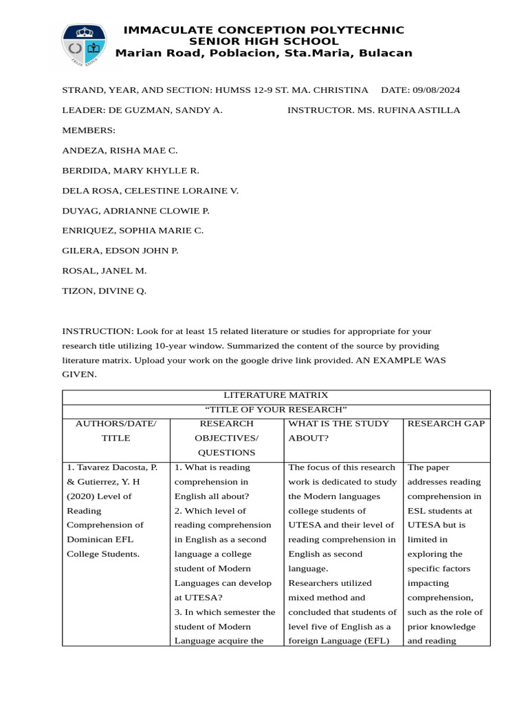 Group 2 Literature Matrix | PDF | Reading Comprehension | Neuroscience