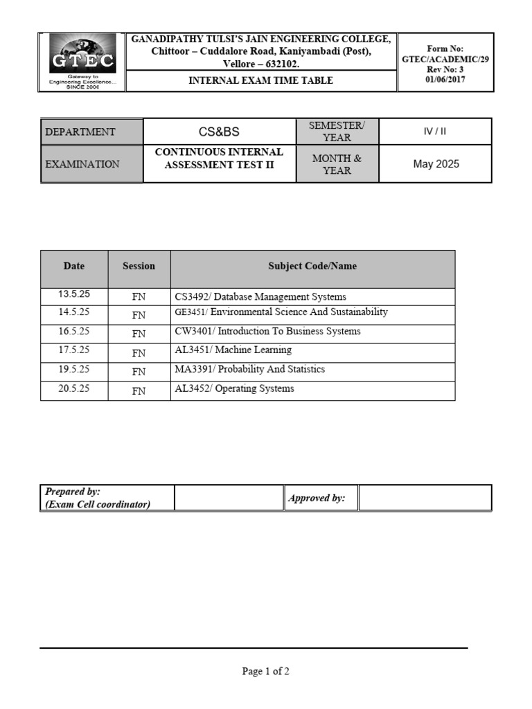 Internal Exam Time Table May 2025 | PDF