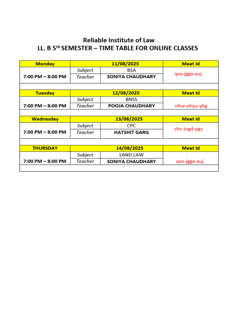 5th Sem Time Table 11 AUG | PDF