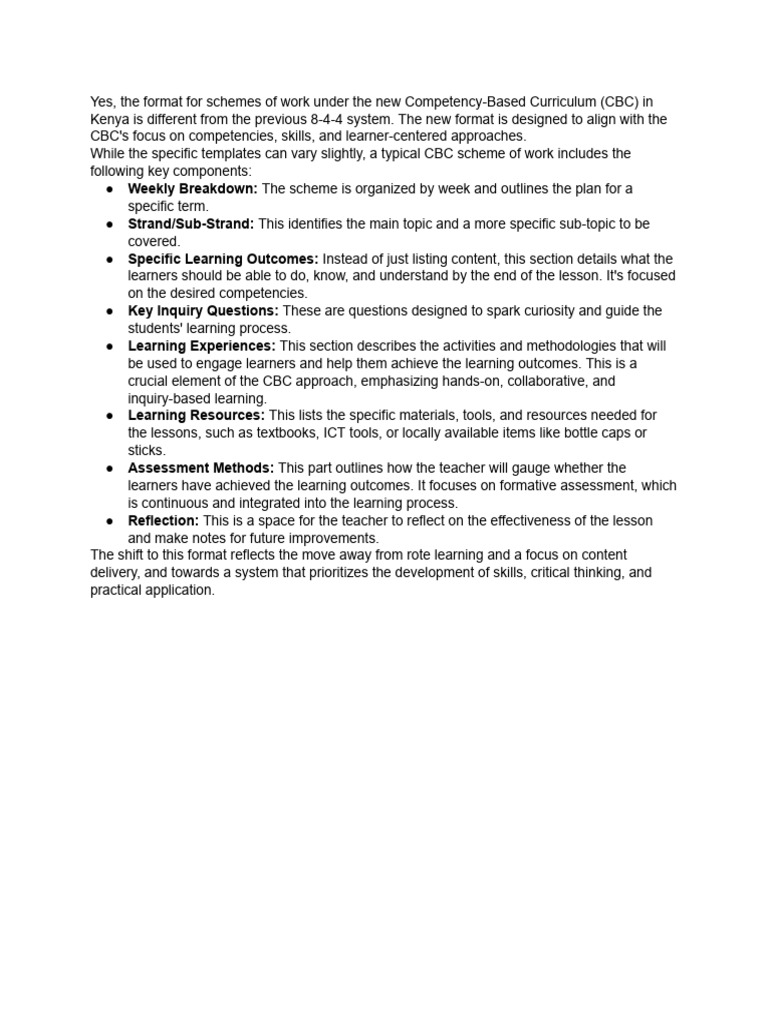 CBC Scheme of Work Format in Kenya | PDF