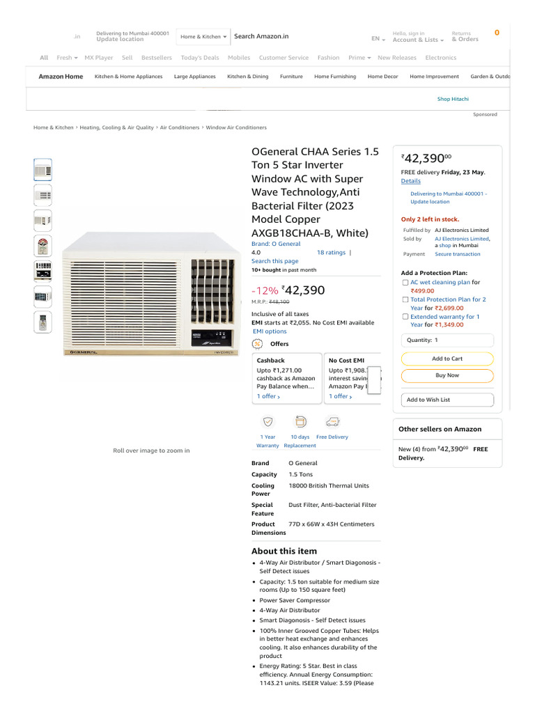 Ogeneral Chaa Series 1.5 Ton 5 Star Inverter Window Ac With Super Wave ...