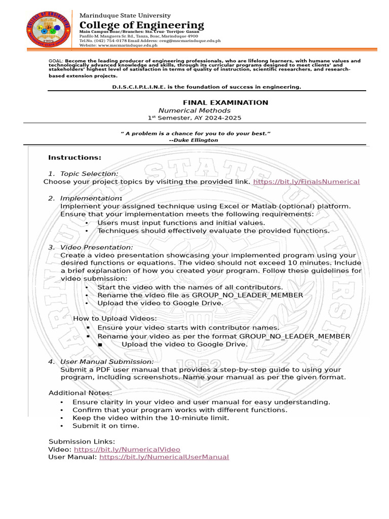 Numerical Methods Final Exam Guidelines | PDF