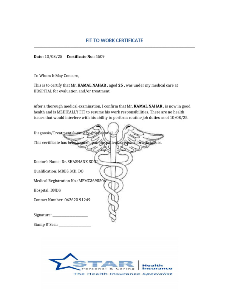 Creative Fit To Work Certificate Aditya | PDF