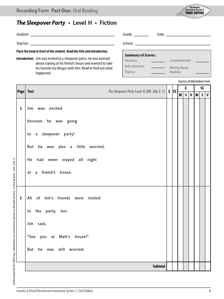 FP Fiction Level H The Sleepover Party Recording Form | PDF