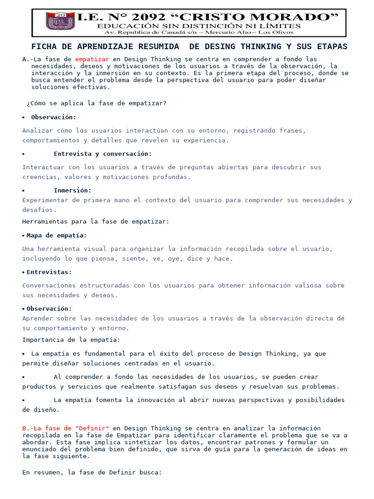 Ficha de Aprendizaje Resumida de Desing Thinking y Sus Etapas | PDF ...