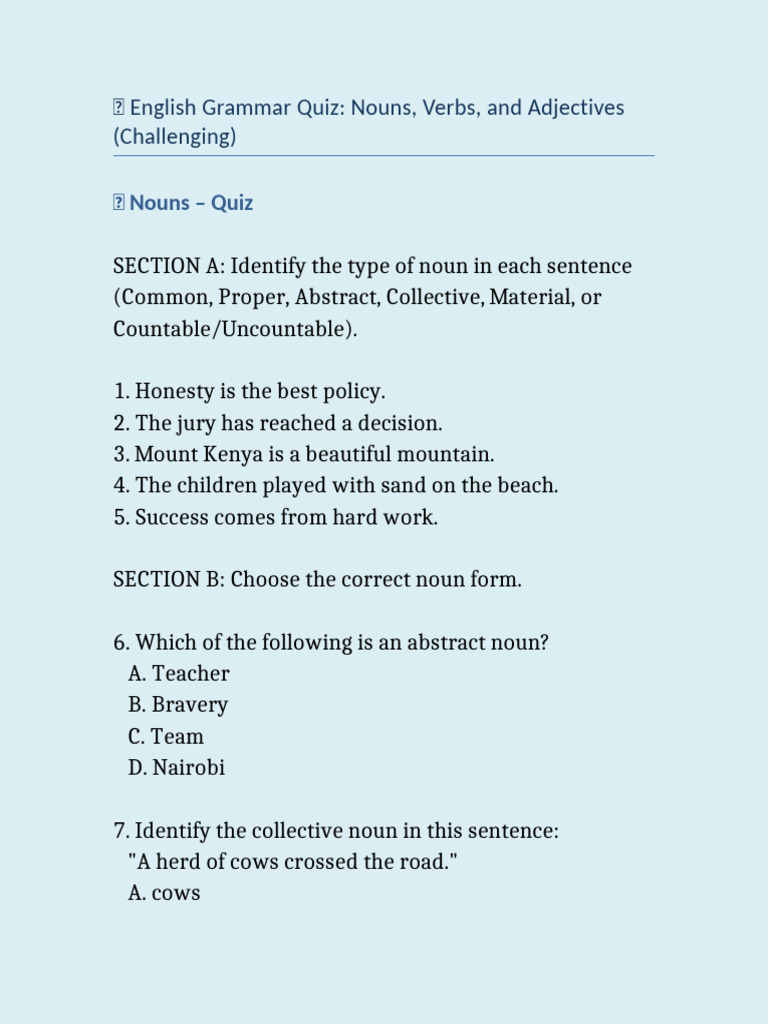Challenging Grammar Quizzes Nouns Verbs Adjectives | PDF | Verb | Noun