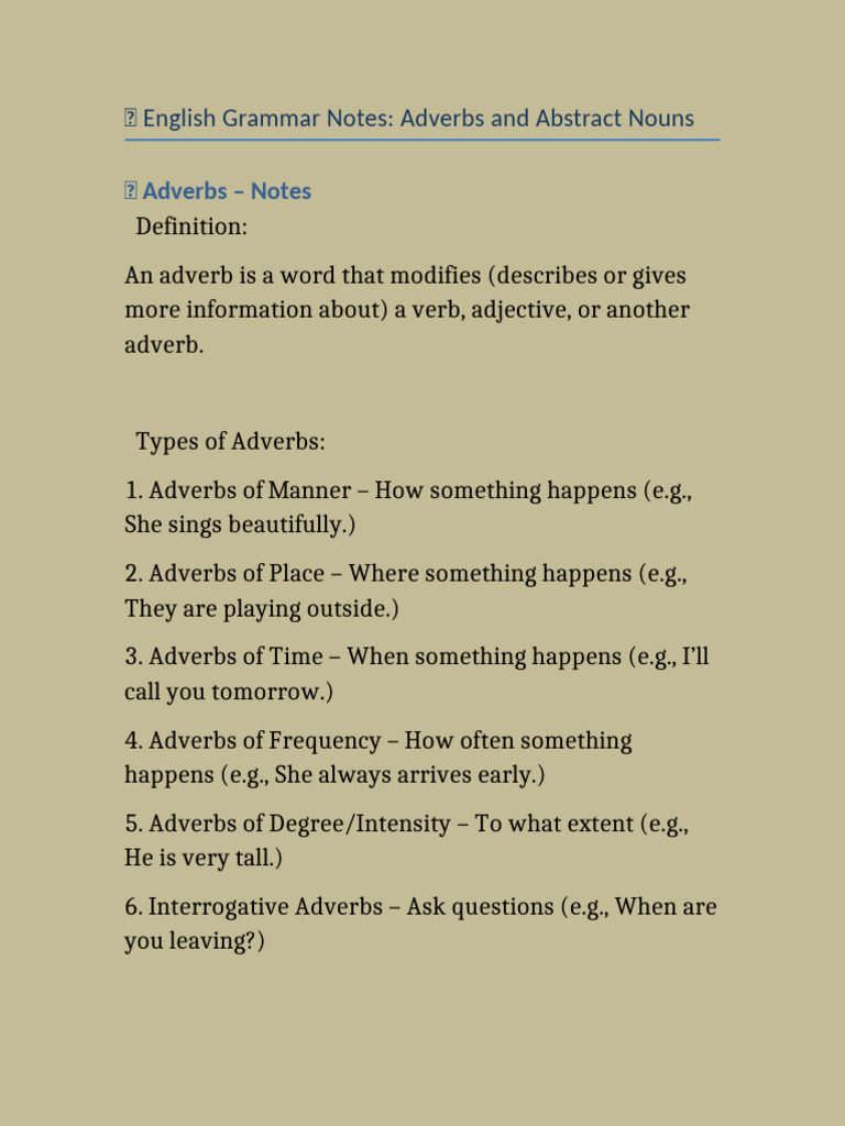Adverbs and Abstract Nouns Explained | PDF | Adverb | Noun