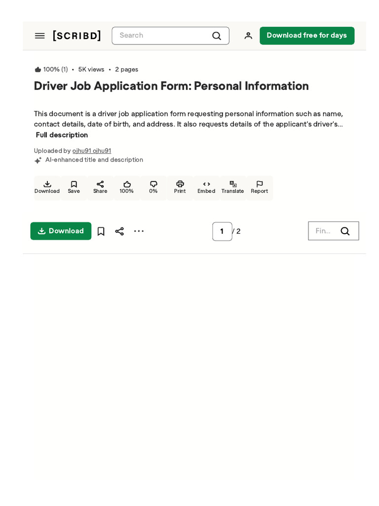 Document533042521driver Job Application Form | PDF