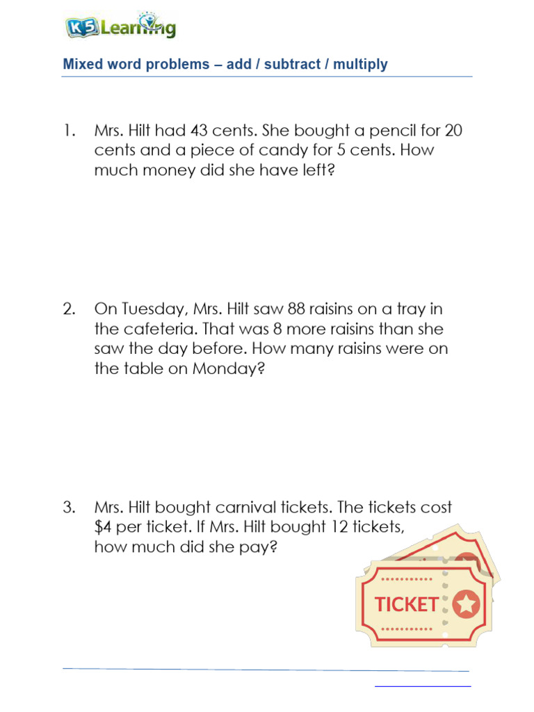 Grade 2 Mixed Word Problems Worksheet | PDF