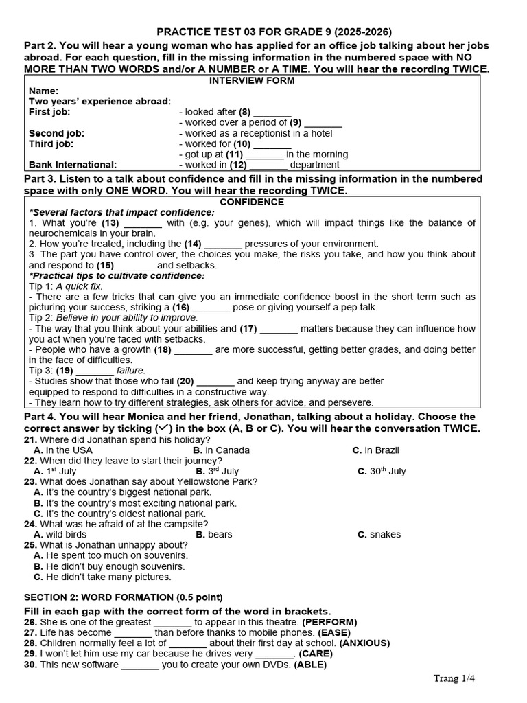 Practice Test 03 For Grade 9 (2025-2026) | PDF