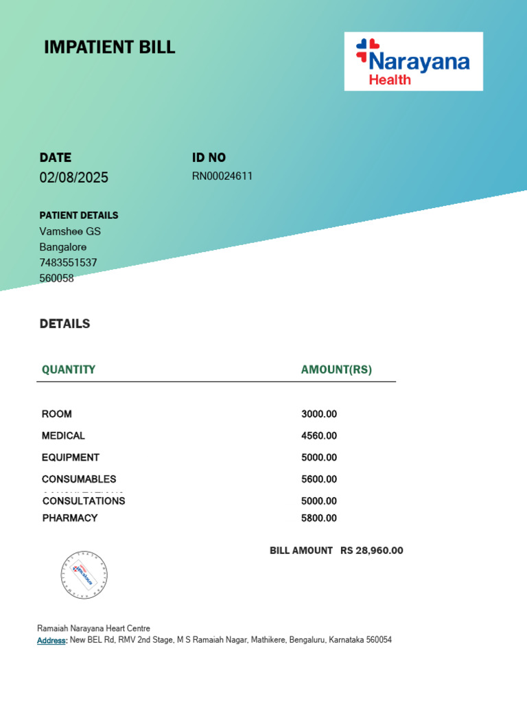 Ramaiah Narayana Heart Centre Bill | PDF