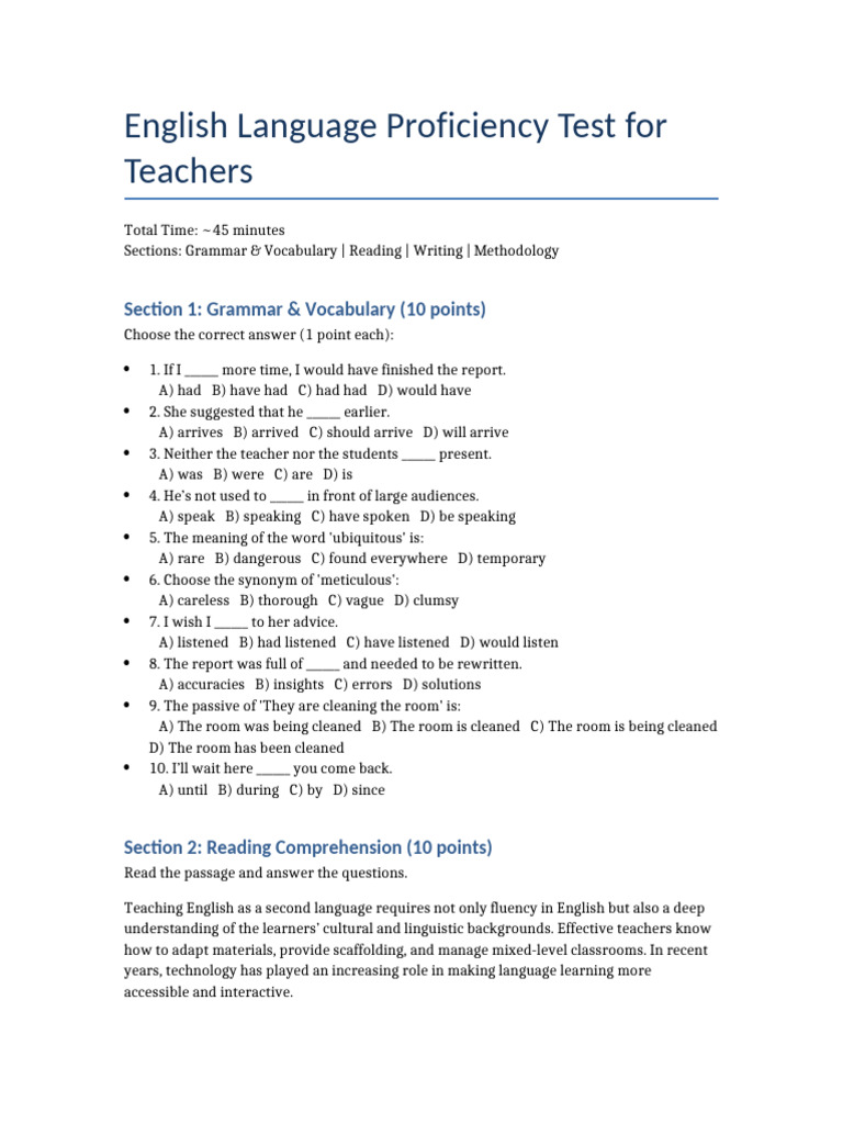 English Proficiency Test for Teachers | PDF | Vocabulary | Reading ...