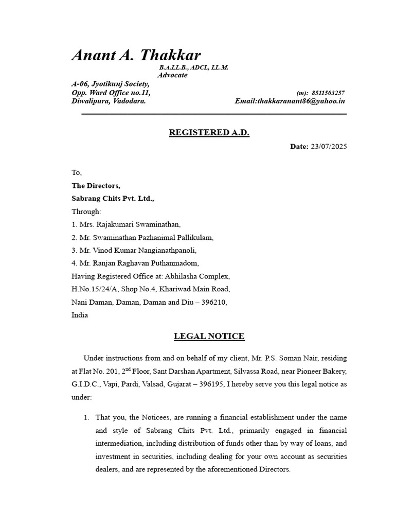 Legal Notice - Sabrang Chits | PDF | Interest | Justice
