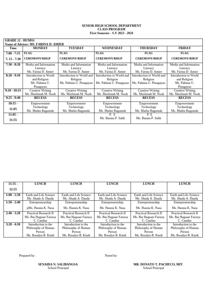 Grade 12 HUMSS Class Schedule 2023-2024 | PDF