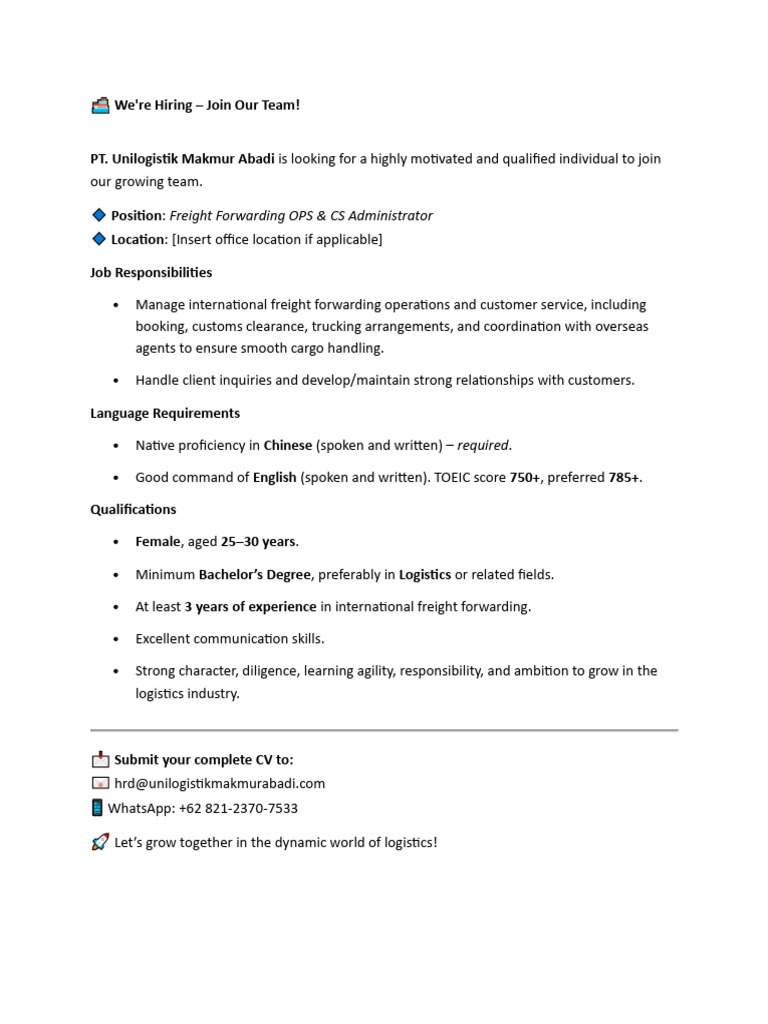 Job Vacancy PT. Unilogistik | PDF
