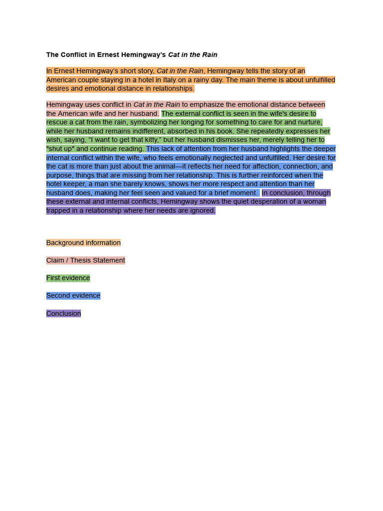 The Conflict in Ernest Hemingway's Cat in The Rain | PDF