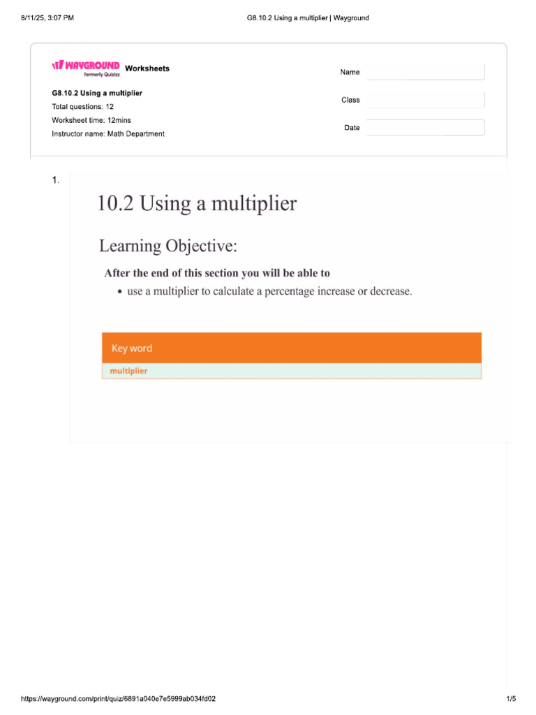 (Wayground) CLS8 - 10 Using A Multiplier | PDF