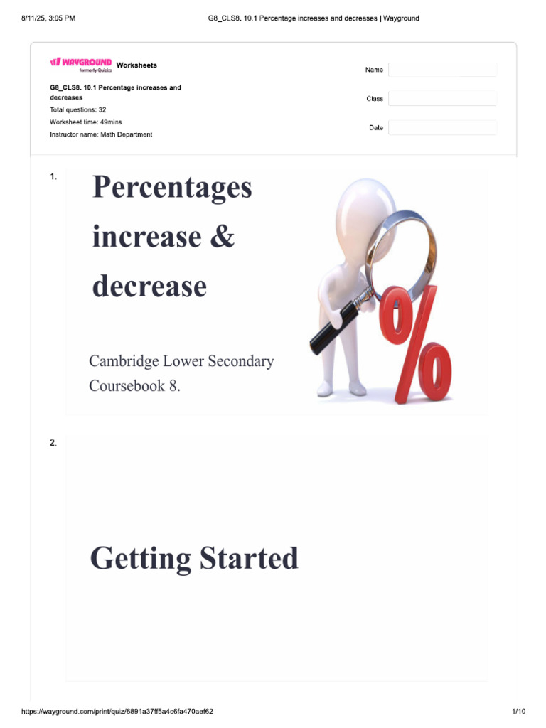 (Wayground) CLS8_10 Percentages Increase and Decrease | PDF